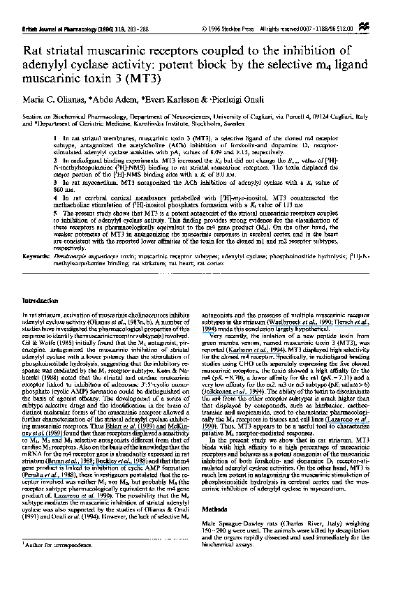 (PDF) Rat striatal muscarinic receptors coupled to the inhibition of ...
