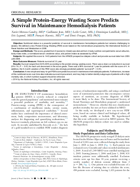 (PDF) A Simple Protein–Energy Wasting Score Predicts Survival in ...