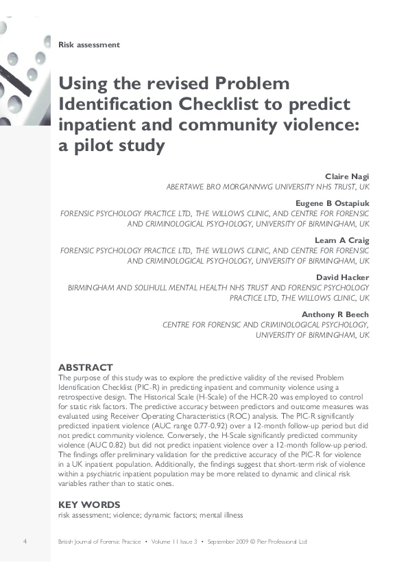(PDF) Using the revised Problem Identification Checklist to predict ...