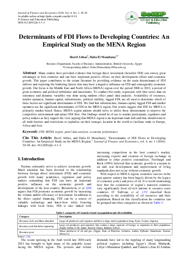 (PDF) Determinants of FDI Flows to Developing Countries: An Empirical ...