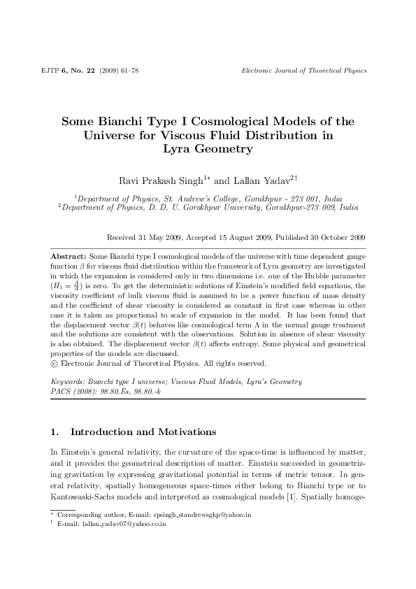 (PDF) Some Bianchi Type I Cosmological Models of the Universe for Viscous Fluid Distribution in ...