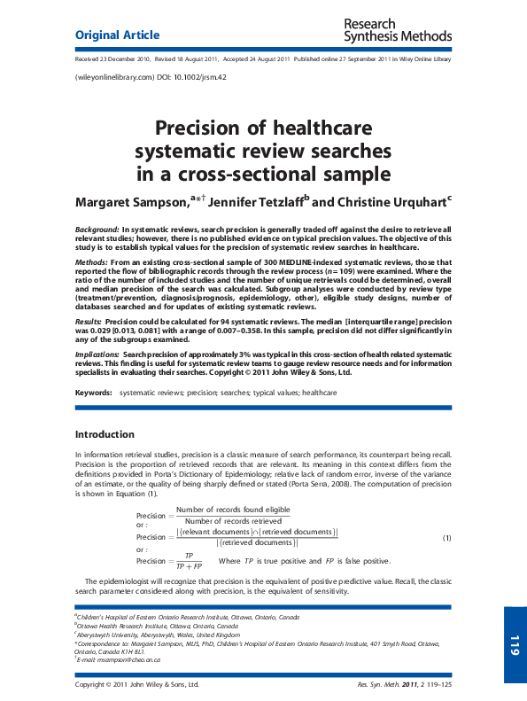 (PDF) Precision of healthcare systematic review searches in a cross ...