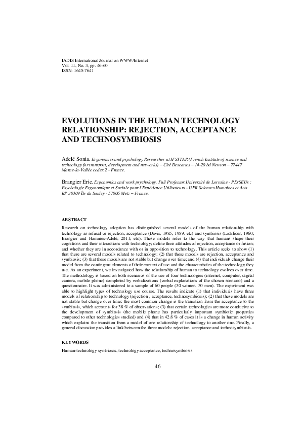 (PDF) Evolutions in human technology relationship model: rejection ...