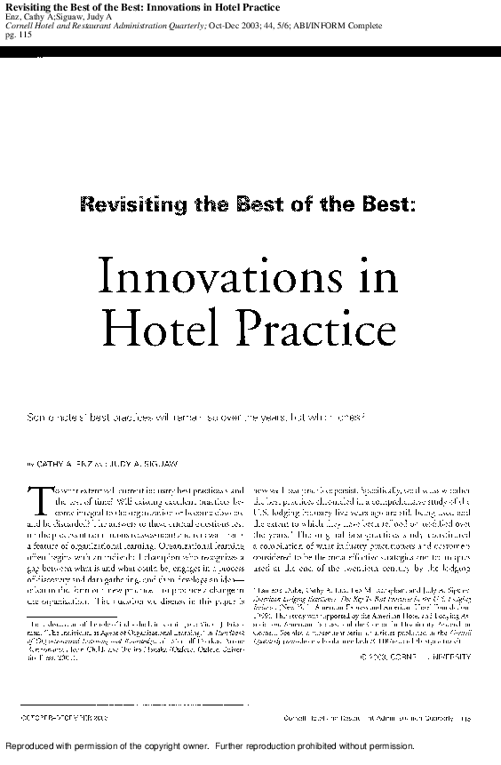 (PDF) Revisiting the best of the best: Innovations in hotel practice