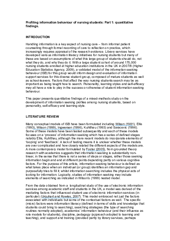 (PDF) Profiling information behaviour of nursing students: part 1 ...