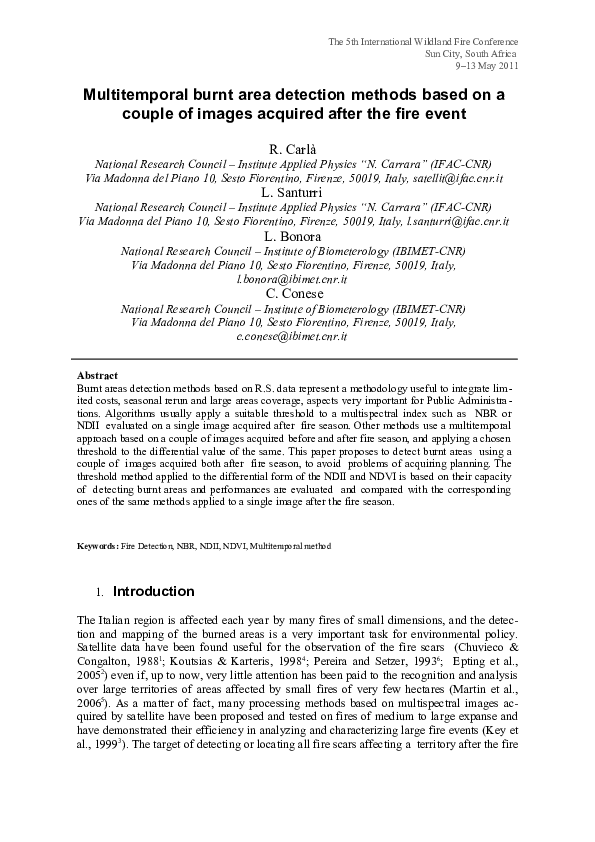 (PDF) Multitemporal burnt area detection methods based on a couple of images acquired after the ...