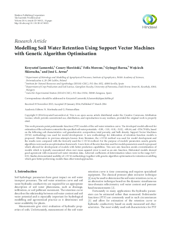 (PDF) Modelling soil water retention using support vector machines with genetic algorithm ...