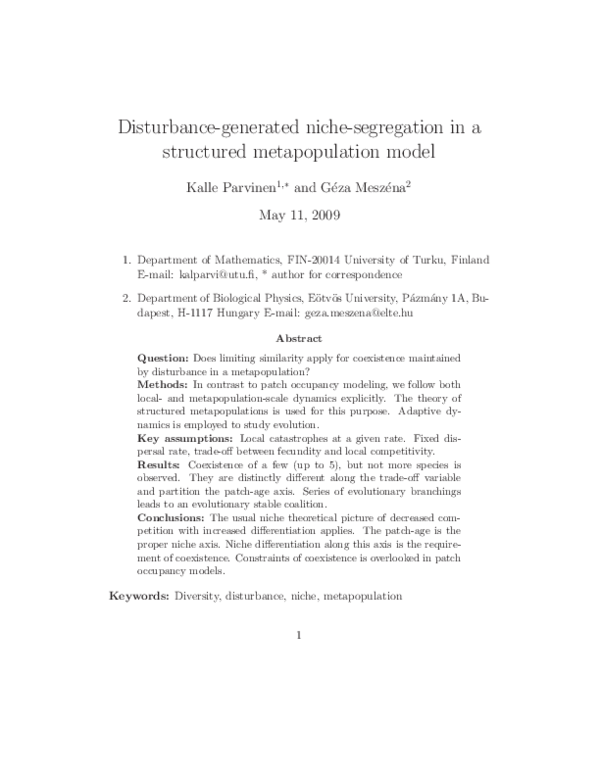(PDF) Disturbance-generated niche-segregation in a structured metapopulation model