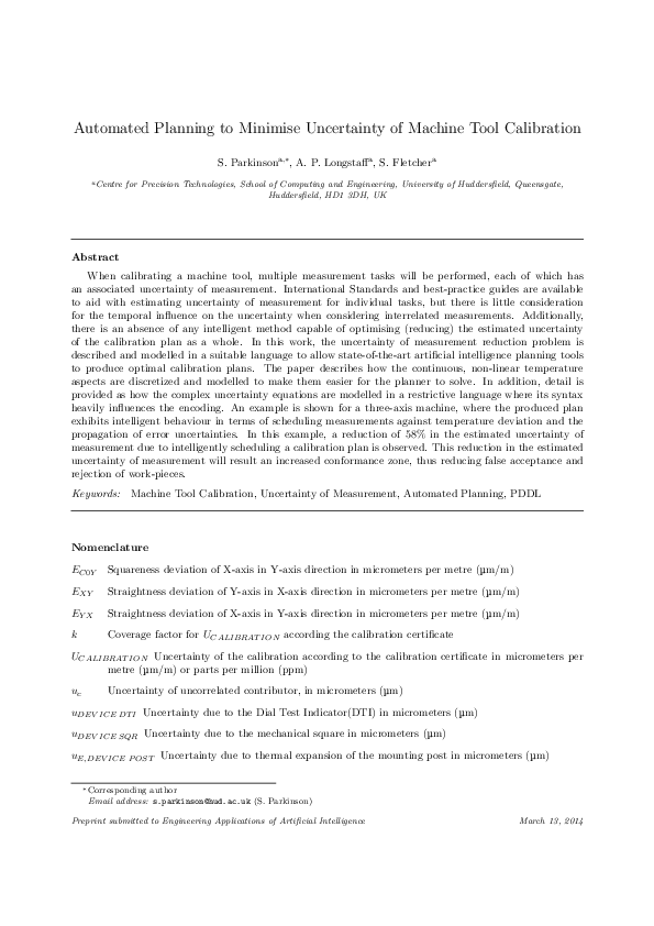 (PDF) Automated planning to minimise uncertainty of machine tool calibration