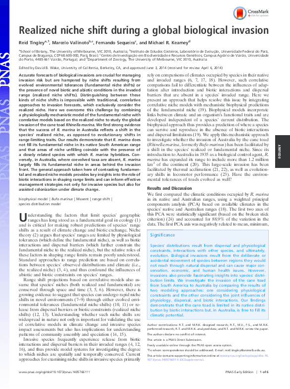 (PDF) Realized niche shift during a global biological invasion