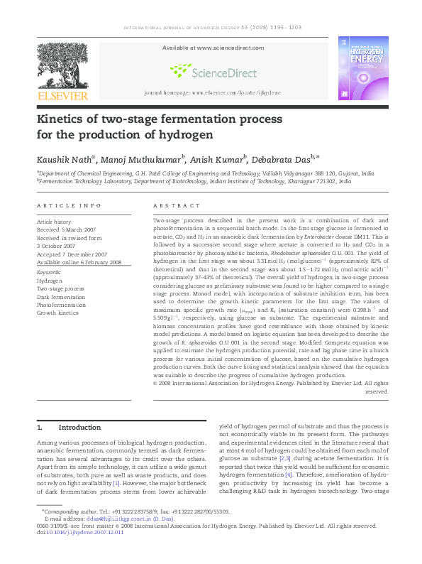 Pdf Kinetics Of Two Stage Fermentation Process For The Production Of Hydrogen