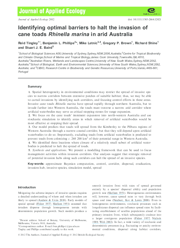 (PDF) Identifying optimal barriers to halt the invasion of cane toads ...