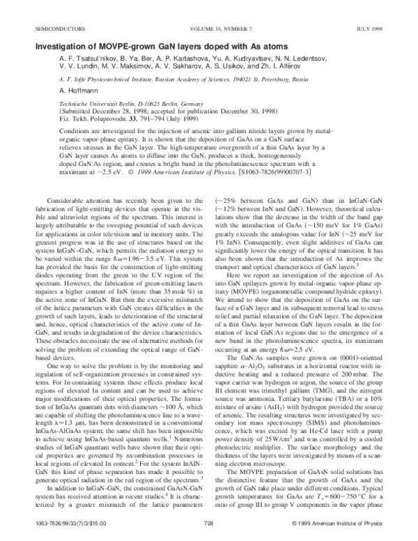 (PDF) Investigation of MOVPE-grown GaN layers doped with As atoms