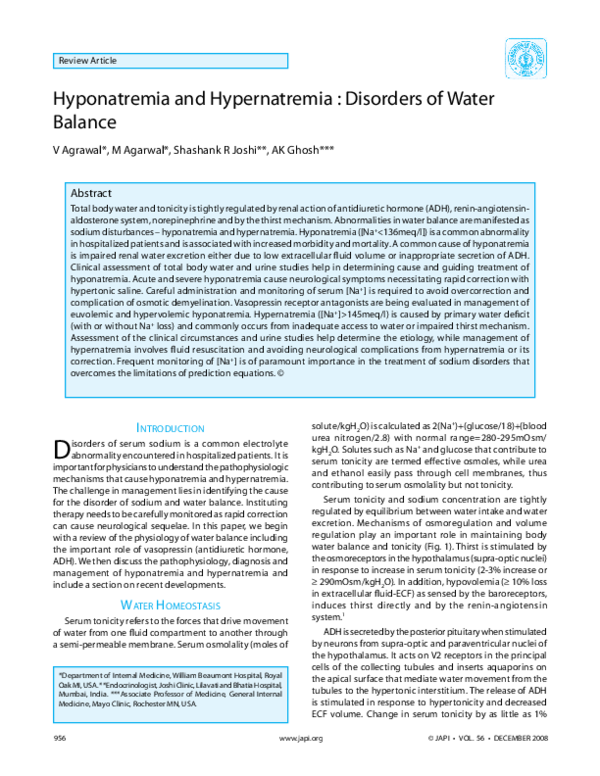 (PDF) Hyponatremia and hypernatremia: disorders of water balance