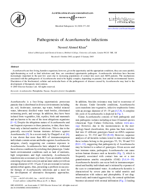 Pdf Pathogenesis Of Acanthamoeba Infections