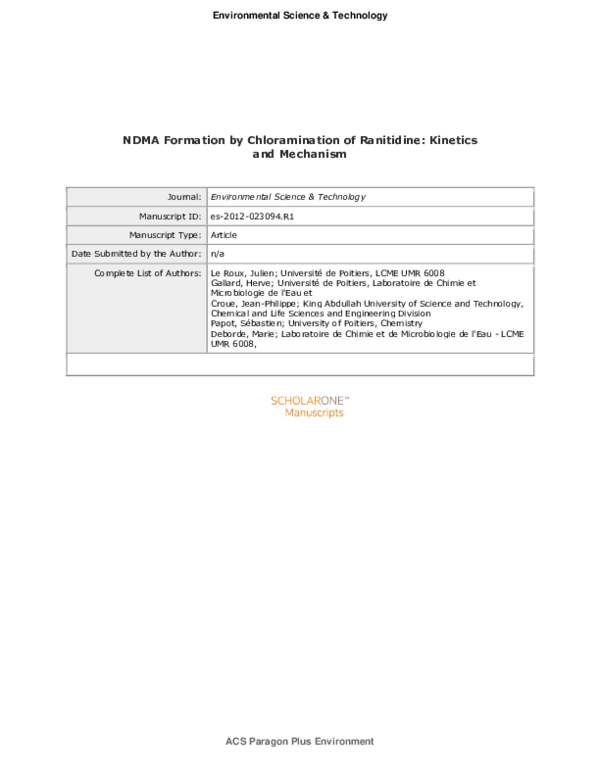 (PDF) NDMA Formation by Chloramination of Ranitidine: Kinetics and ...