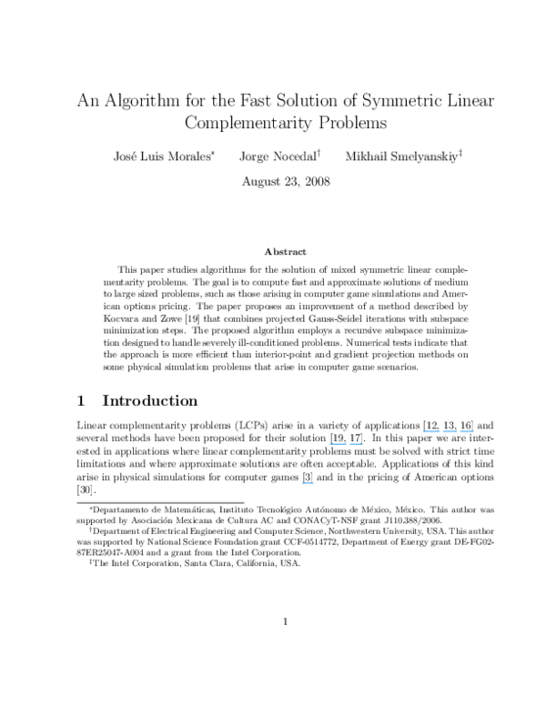 Pdf An Algorithm For The Fast Solution Of Symmetric Linear Complementarity Problems
