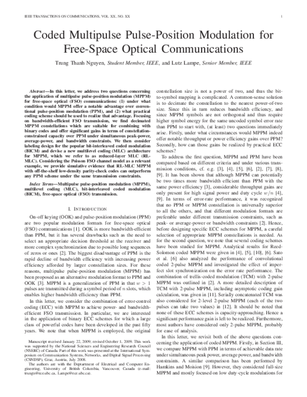 Pdf Coded Pulse Position Modulation For Free Space Optical Communications
