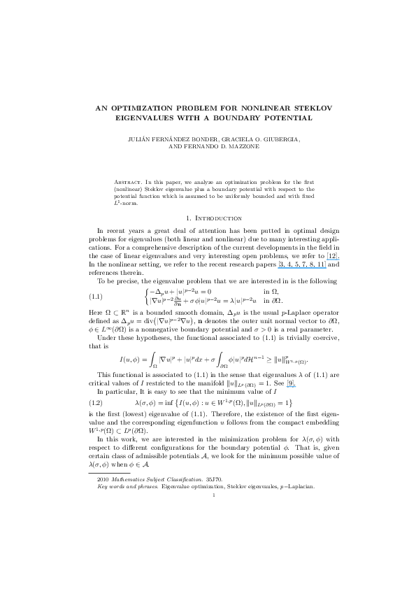 Pdf An Optimization Problem For Nonlinear Steklov Eigenvalues With A