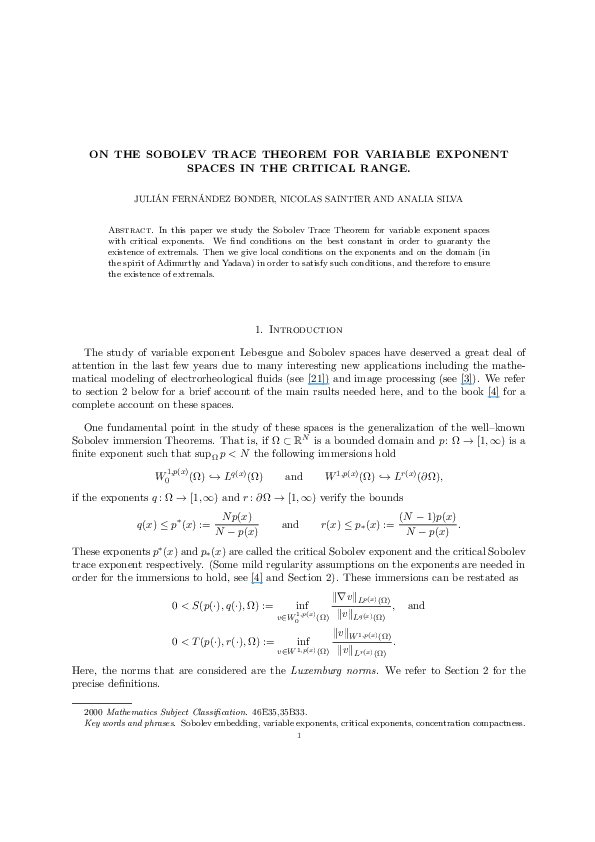 Pdf On The Sobolev Trace Theorem For Variable Exponent Spaces In The Critical Range Julian