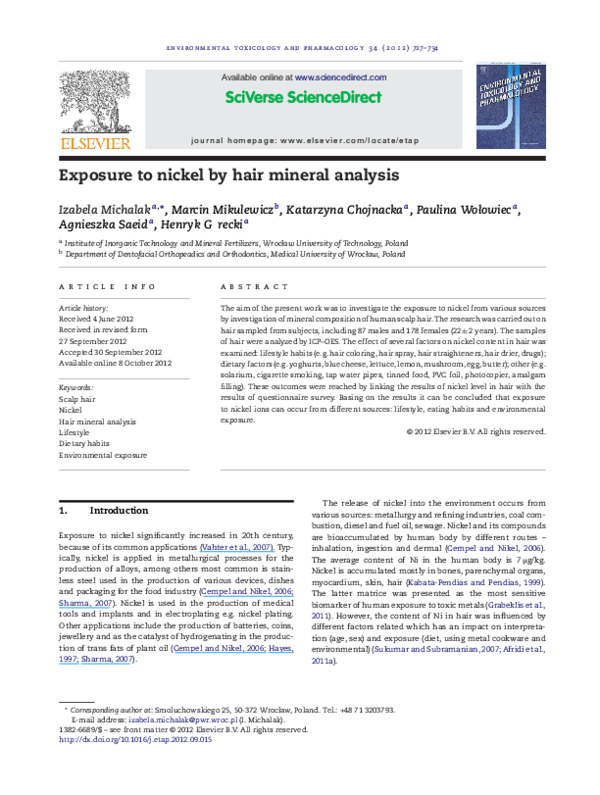 (PDF) Exposure to nickel by hair mineral analysis