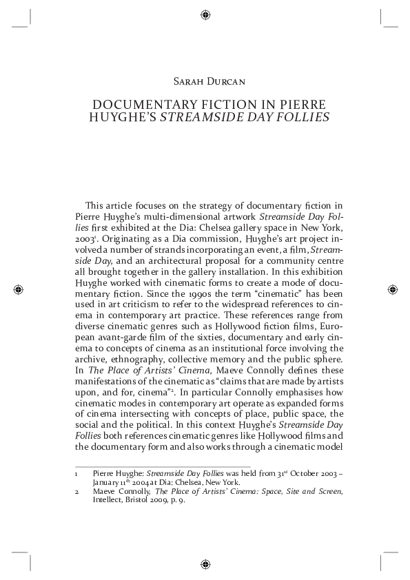 (PDF) Sarah Durcan DOCUMENTARY FICTION IN PIERRE HUYGHE'S STREAMSIDE ...
