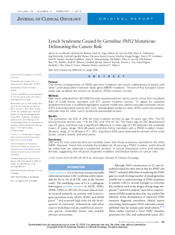 (PDF) Lynch Syndrome Caused by Germline PMS2 Mutations: Delineating the Cancer Risk