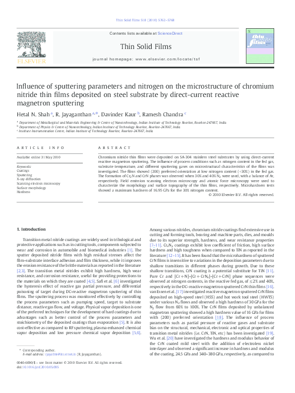 (PDF) Influence of sputtering parameters and nitrogen on the microstructure of chromium nitride ...