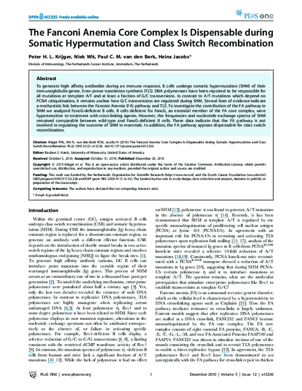 (PDF) The Fanconi Anemia Core Complex Is Dispensable during Somatic ...