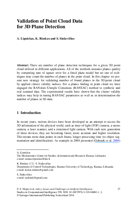 (PDF) Validation of Point Cloud Data for 3D Plane Detection | Kestas ...