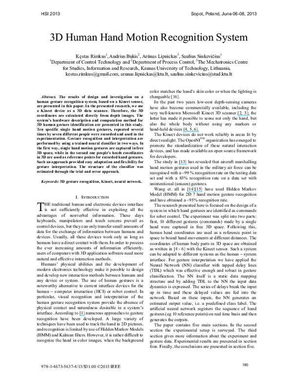 (PDF) 3D human hand motion recognition system