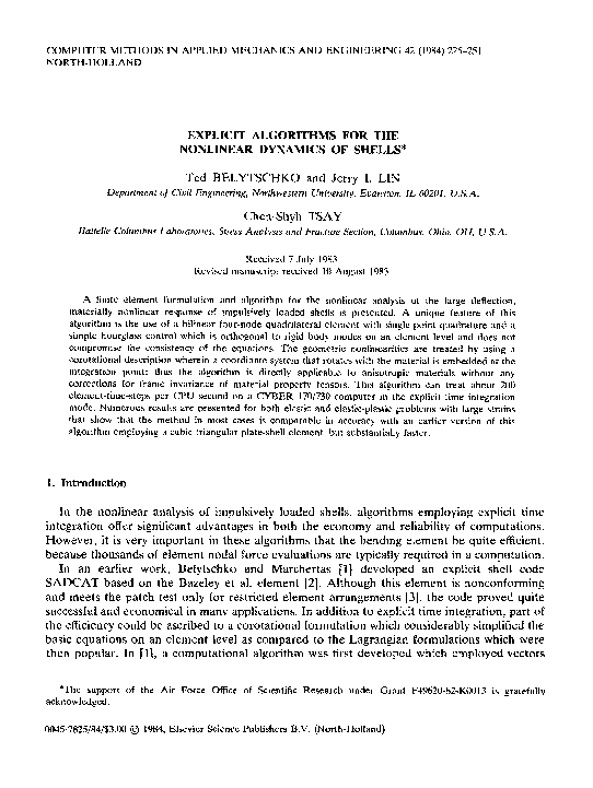 Pdf Explicit Algorithms For The Nonlinear Dynamics Of Shells