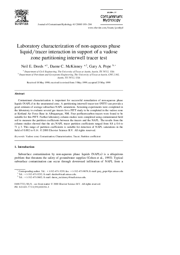 (PDF) Laboratory characterization of non-aqueous phase liquid/tracer ...