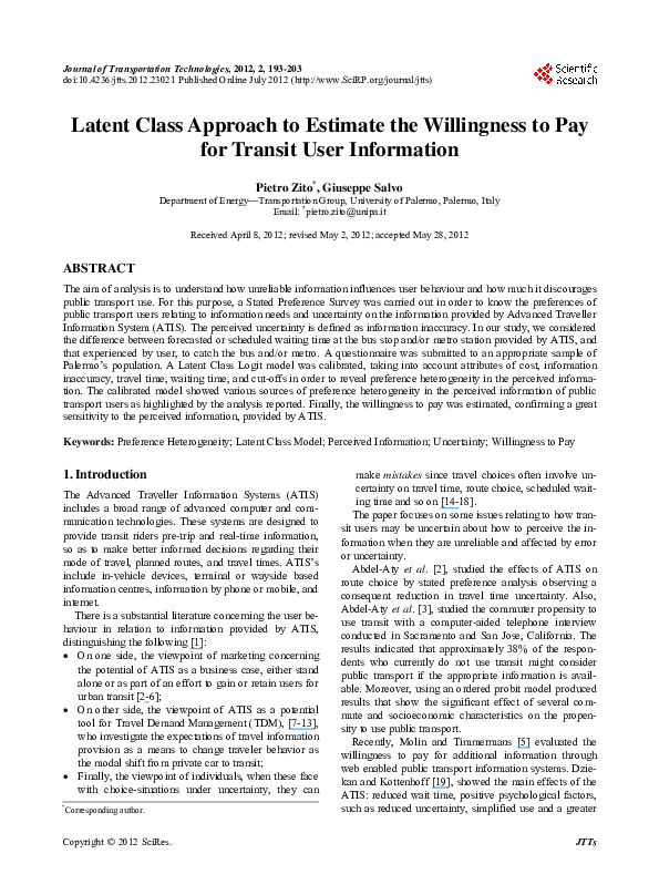 (PDF) Latent Class Approach to Estimate the Willingness to Pay for Transit User Information