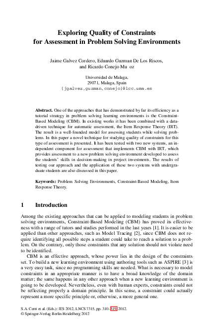 (PDF) Exploring Quality of Constraints for Assessment in Problem Solving Environments