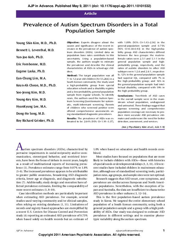 (PDF) Prevalence of Autism Spectrum Disorders in a Total Population Sample