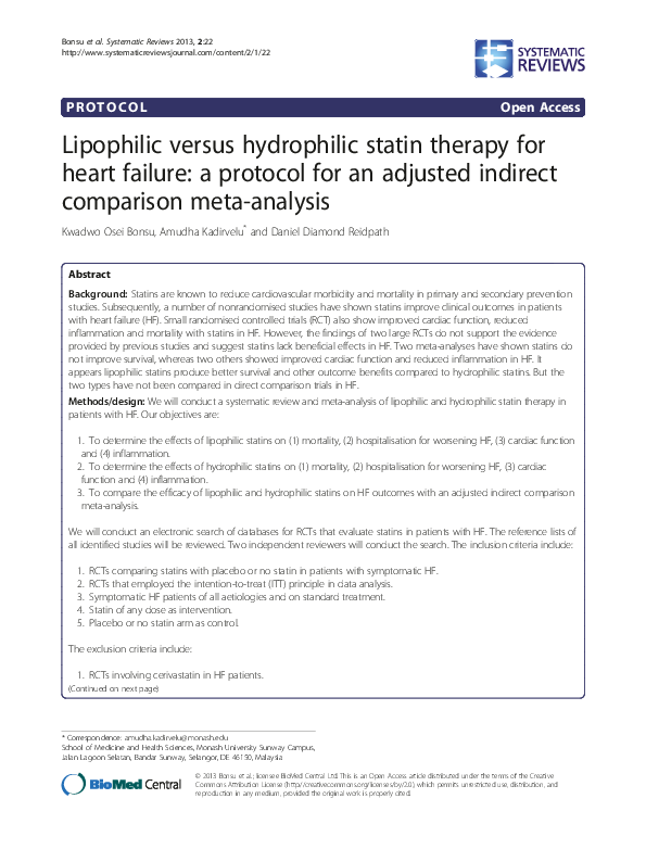 (PDF) Lipophilic versus hydrophilic statin therapy for heart failure: a ...