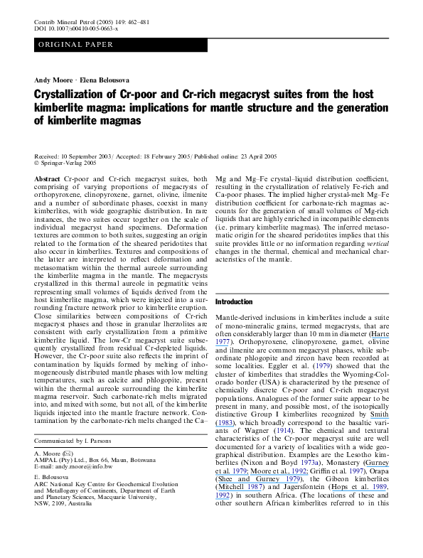 (PDF) Crystallization of Cr-poor and Cr-rich megacryst suites from the ...