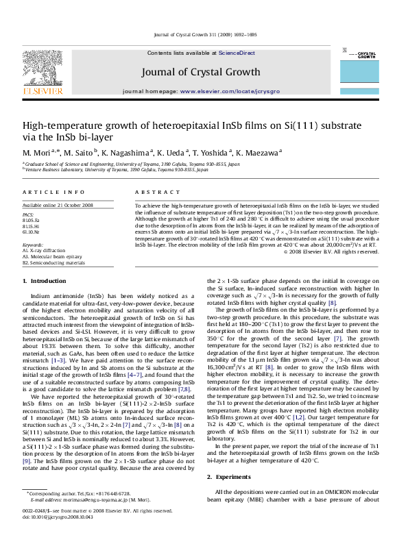 (PDF) High-temperature growth of heteroepitaxial InSb films on Si(111) substrate via the InSb bi ...