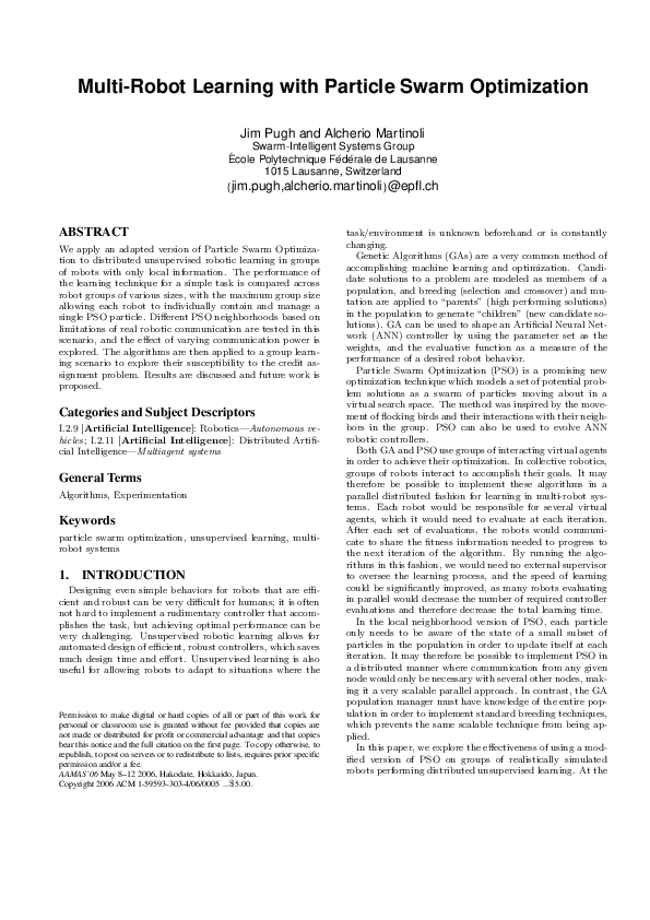 (PDF) Multi-robot learning with particle swarm optimization