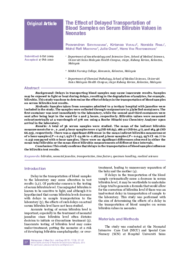 (PDF) The effect of delayed transportation of blood samples on serum ...