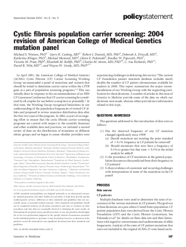 (PDF) Cystic fibrosis population carrier screening: 2004 revision of ...