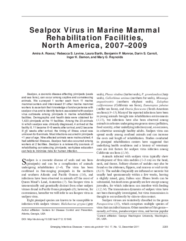 (PDF) Sealpox Virus in Marine Mammal Rehabilitation Facilities, North ...