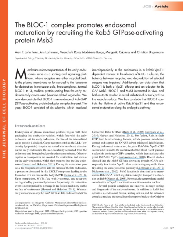 (PDF) The BLOC-1 complex promotes endosomal maturation by recruiting ...