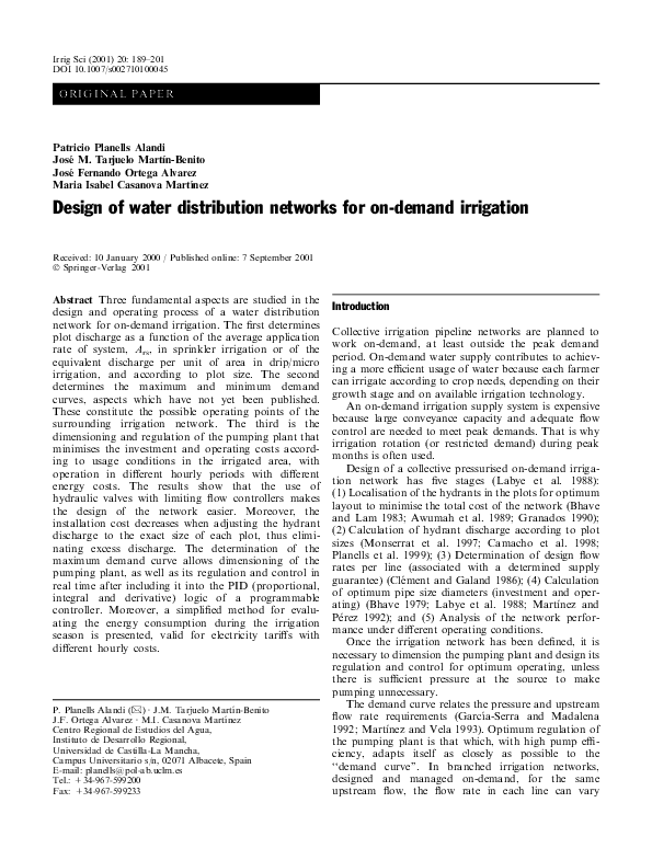 (PDF) Design of water distribution networks for on-demand irrigation