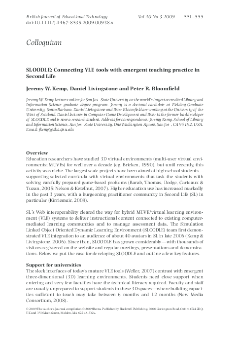 (PDF) SLOODLE: Connecting VLE tools with emergent teaching practice in ...