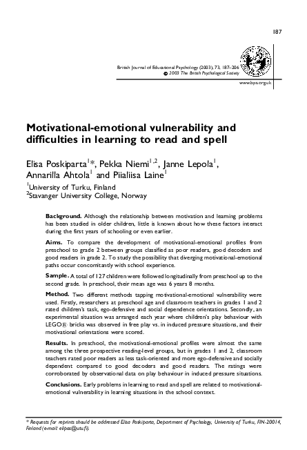 (PDF) Motivational‐emotional vulnerability and difficulties in learning ...