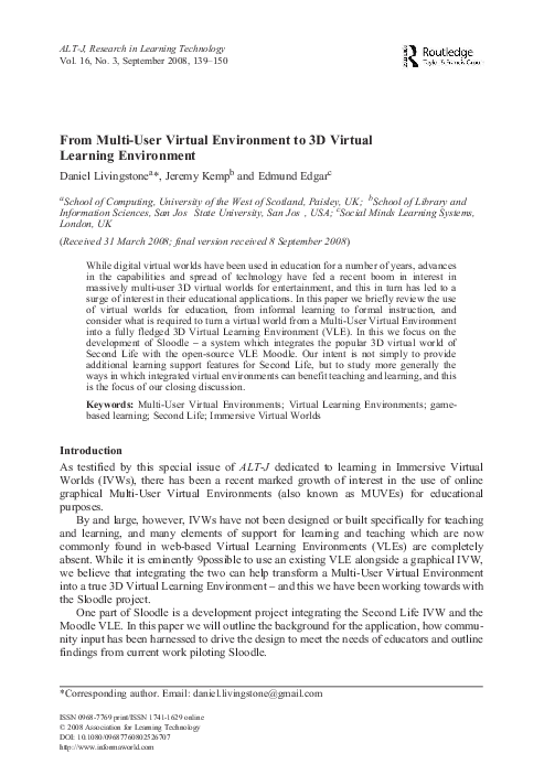 Pdf From Multi User Virtual Environment To 3d Virtual Learning Environment