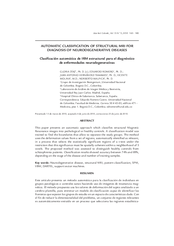 (PDF) AUTOMATIC CLASSIFICATION OF STRUCTURAL MRI FOR DIAGNOSIS OF NEURODEGENERATIVE DISEASES