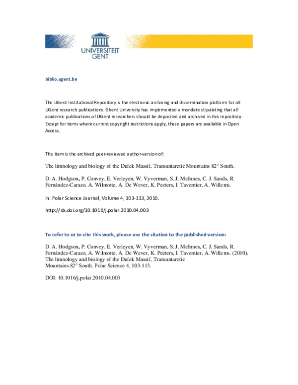(PDF) The limnology and biology of the Dufek Massif, Transantarctic ...